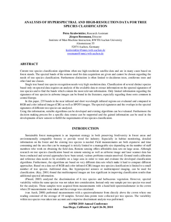 (PDF) Analysis of hyperspectral and high-resolution data for tree ...