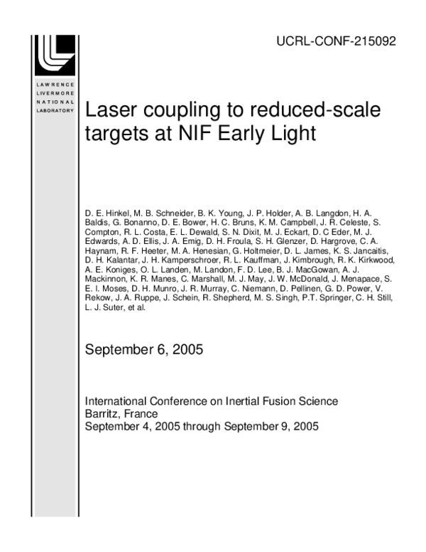 (PDF) Laser coupling to reduced-scale targets at NIF Early Light