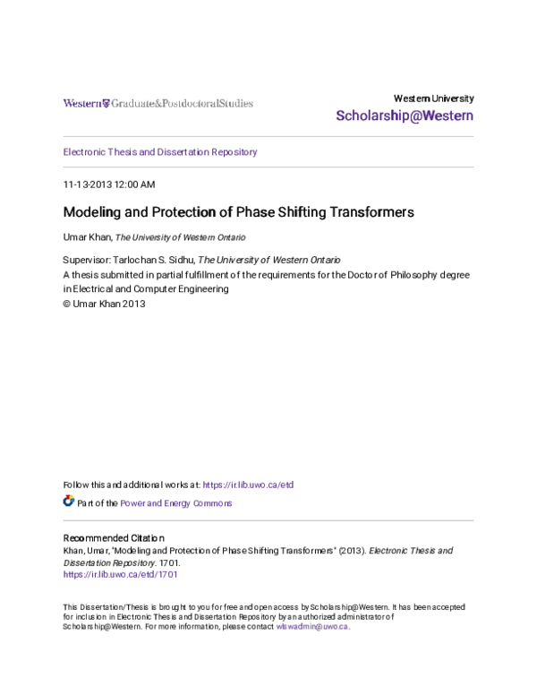 (PDF) Modeling and Protection of Phase Shifting Transformers