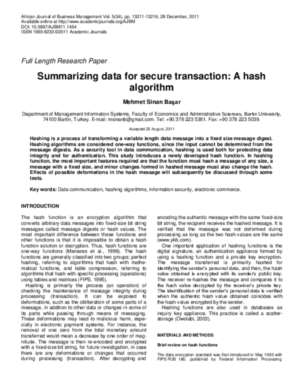 (PDF) Summarizing data for secure transaction: A hash algorithm