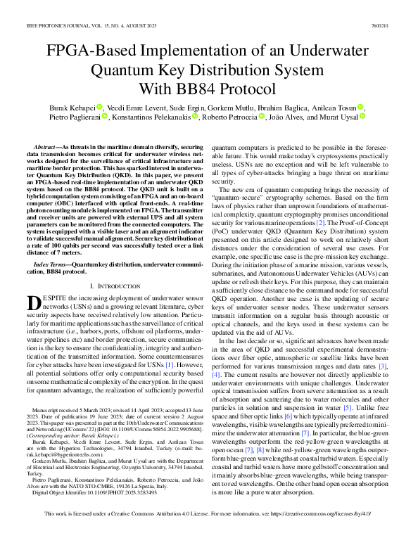 (PDF) FPGA-Based Implementation of an Underwater Quantum Key Distribution System With BB84 Protocol