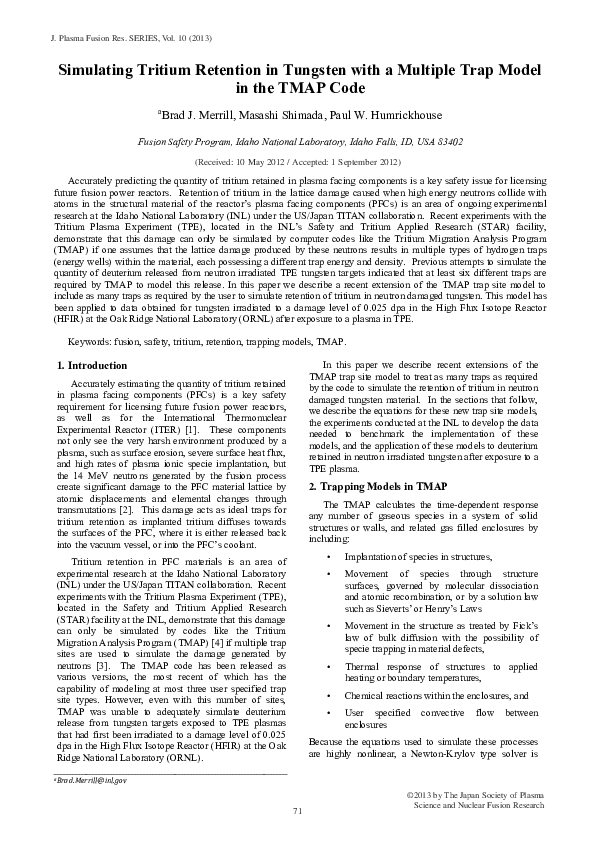 (PDF) Simulating Tritium Retention in Tungsten with a Multiple Trap ...