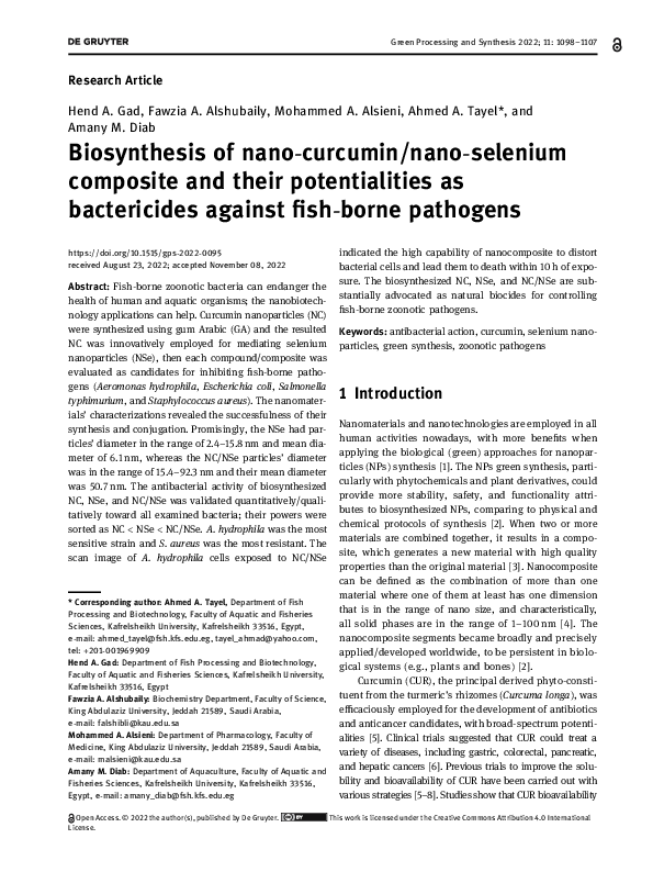 Pdf Biosynthesis Of Nano Curcumin Nano Selenium Composite And Their Potentialities As