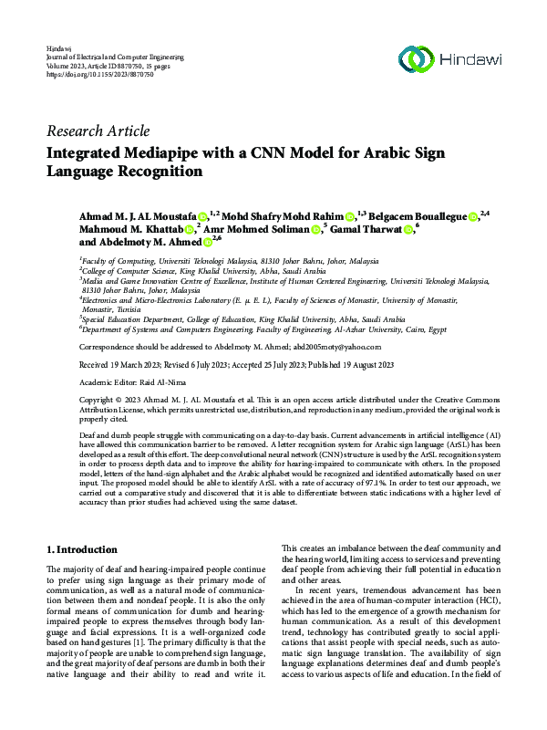(PDF) Integrated Mediapipe with a CNN Model for Arabic Sign Language ...