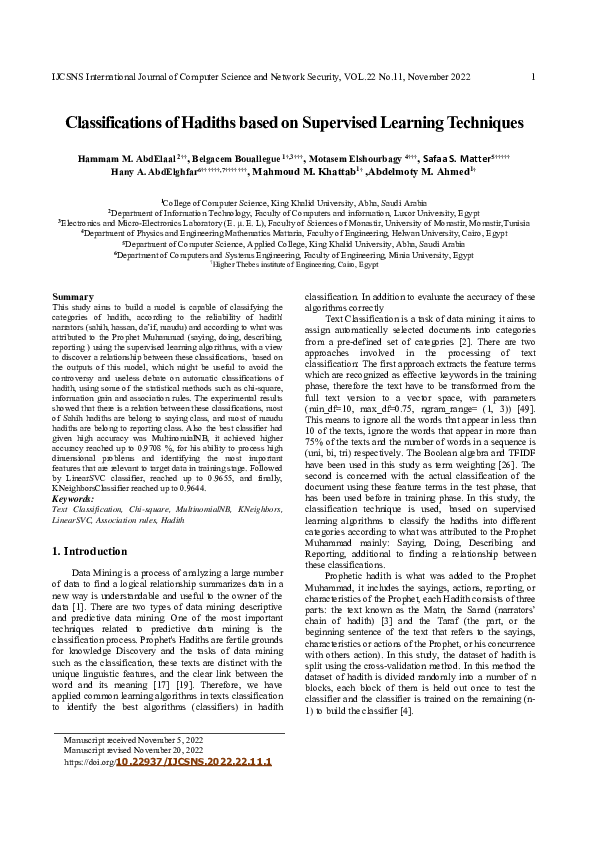 (PDF) Classifications of Hadiths based on Supervised Learning Techniques