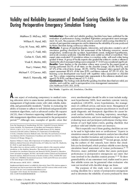 (PDF) Validity and Reliability Assessment of Detailed Scoring Checklists for Use During ...