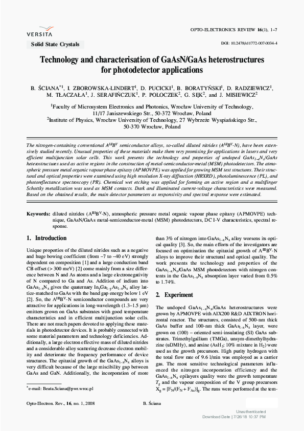 (PDF) Technology and characterisation of GaAsN/GaAs heterostructures for photodetector ...