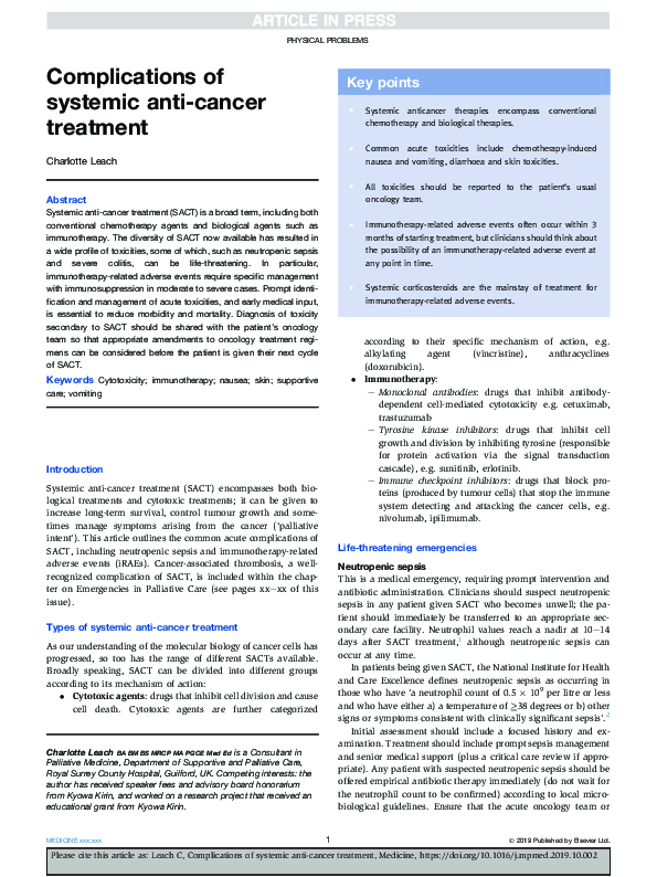 (PDF) Complications of systemic anti-cancer treatment