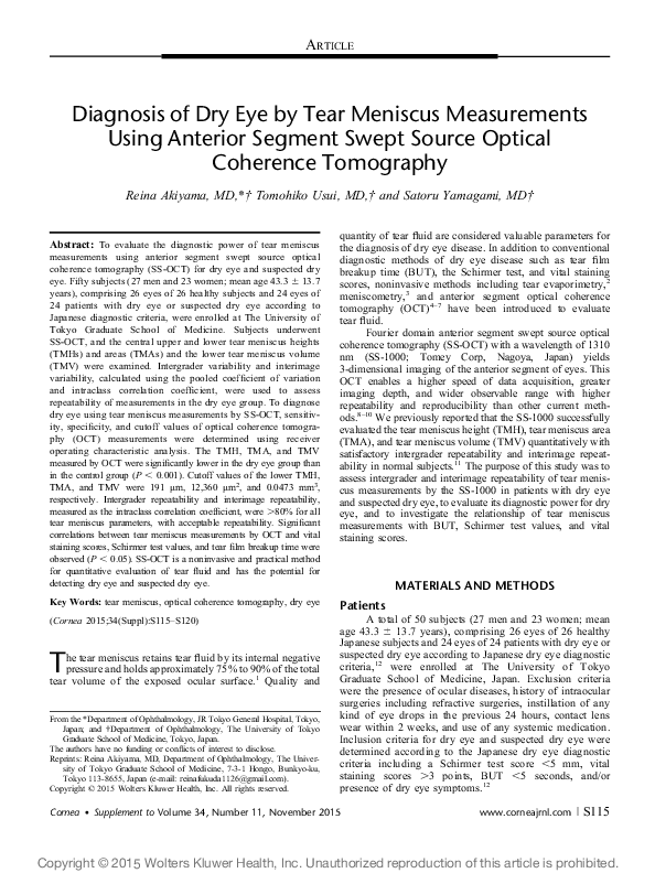 (PDF) Diagnosis of Dry Eye by Tear Meniscus Measurements Using Anterior Segment Swept Source ...