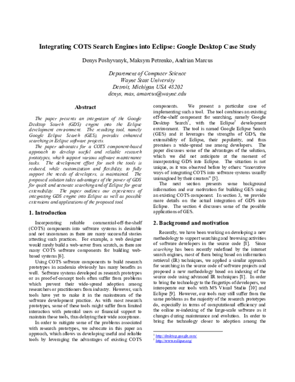 (PDF) Integrating COTS Search Engines into Eclipse: Google Desktop Case ...