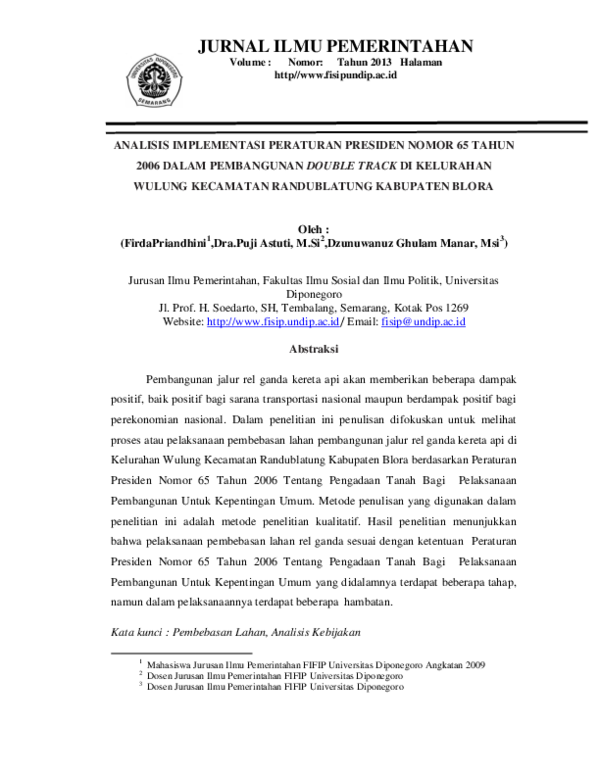 (PDF) Analisis Implementasi Peraturan Presiden Nomor 65 Tahun 2006 Dalam Pembangunan Double ...