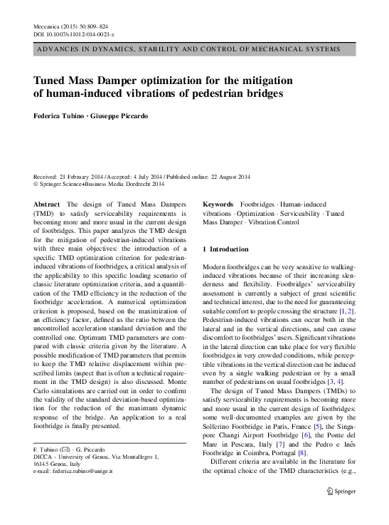 (PDF) Tuned Mass Damper optimization for the mitigation of human-induced vibrations of ...