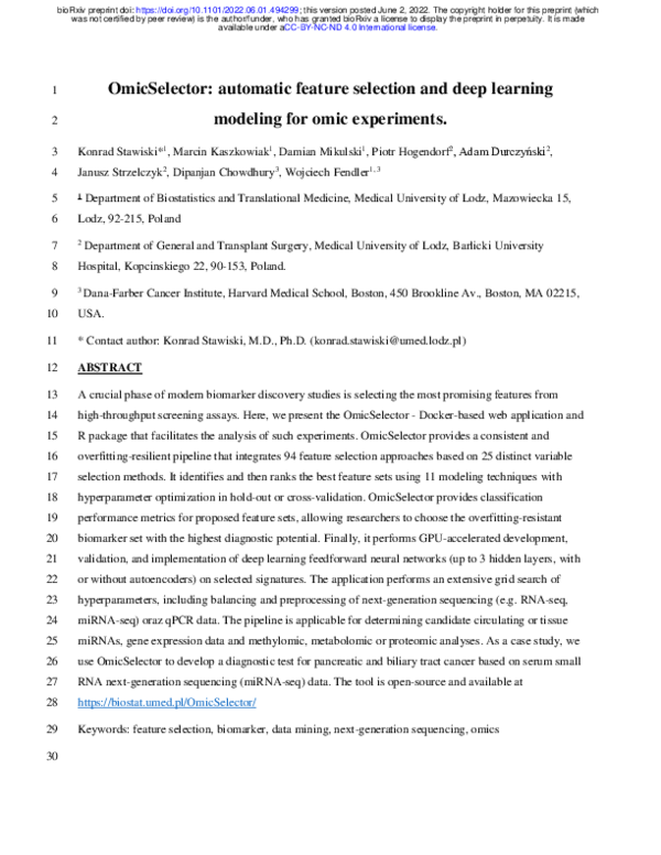 (PDF) OmicSelector: automatic feature selection and deep learning modeling for omic experiments