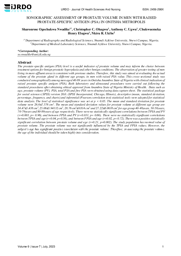 (PDF) Sonographic Assessment of Prostate Volume in Men with Raised ...