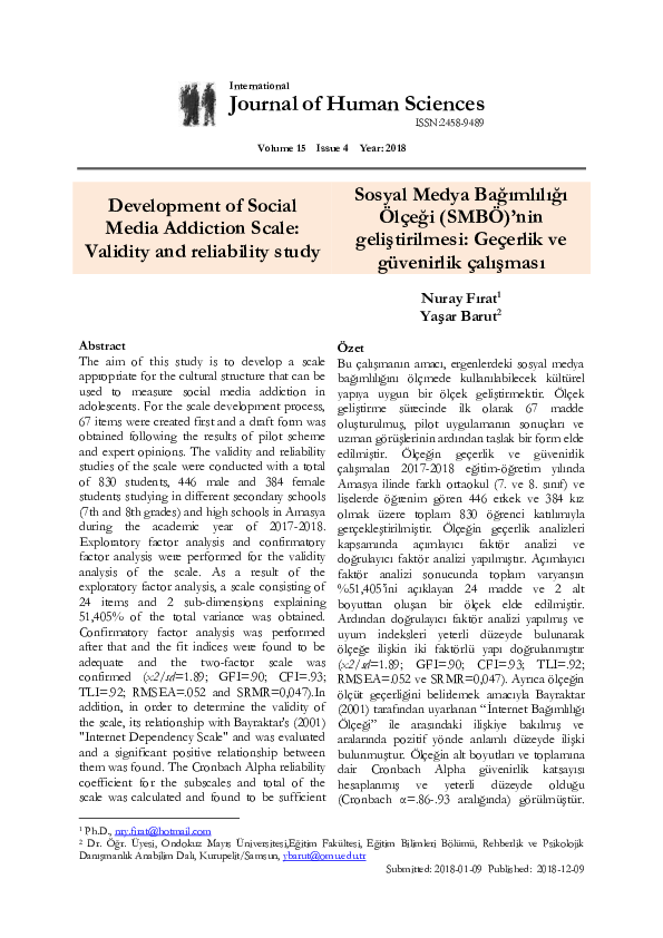 (PDF) Development of Social Media Addiction Scale: Validity and reliability study