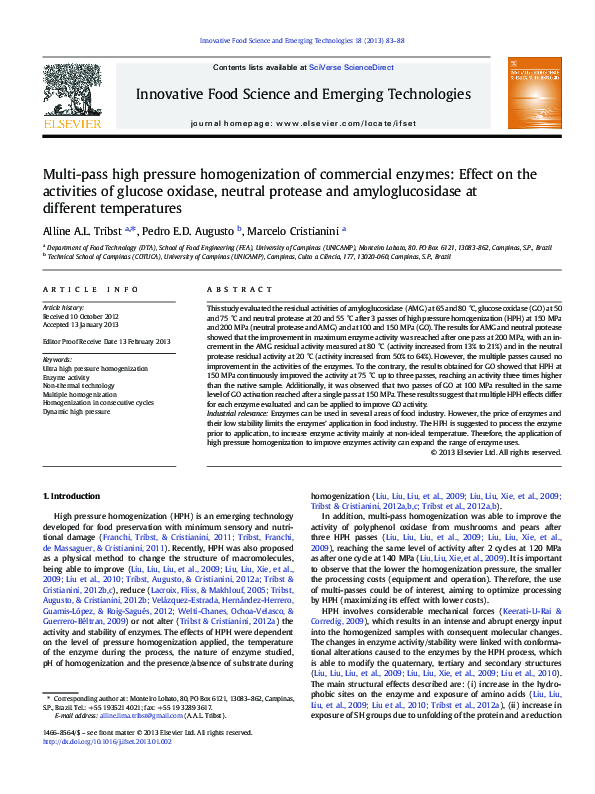(PDF) Multi-pass high pressure homogenization of commercial enzymes ...