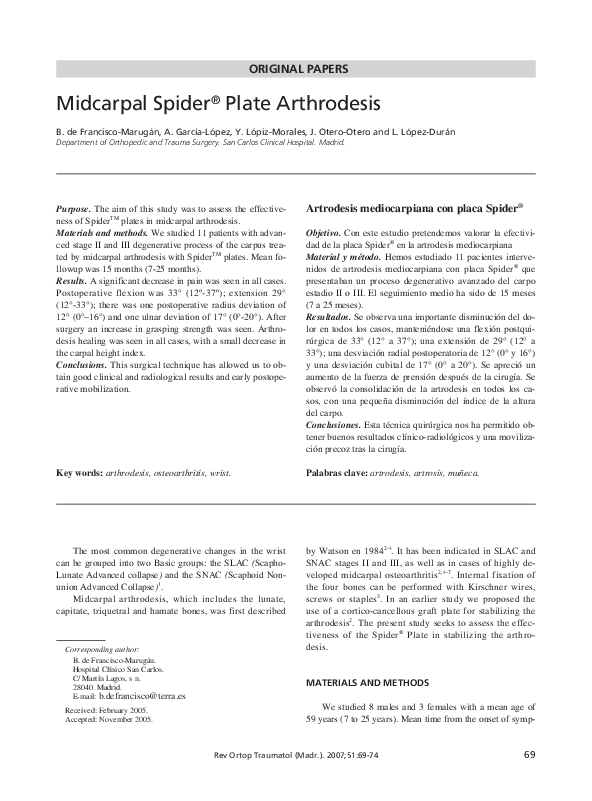 (PDF) Midcarpal Spider® Plate Arthrodesis