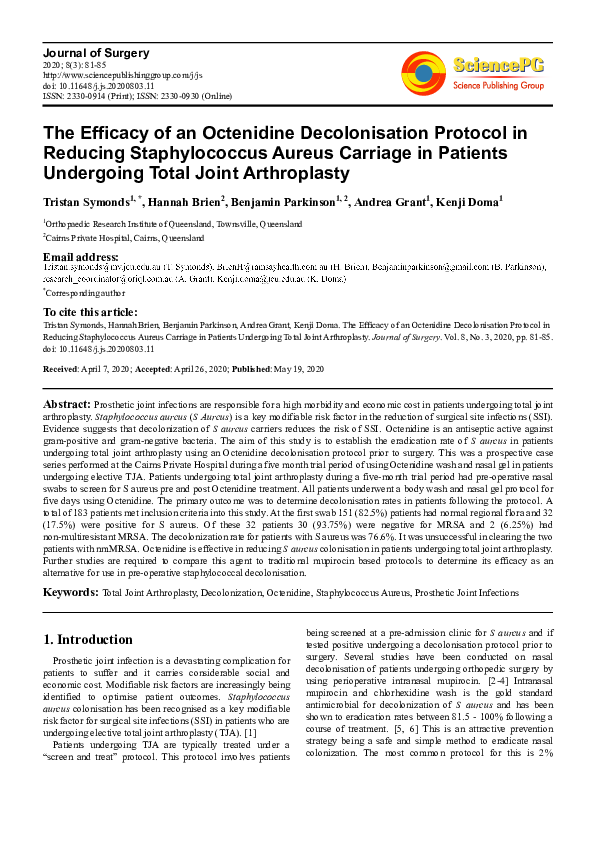 Pdf The Efficacy Of An Octenidine Decolonisation Protocol In Reducing Staphylococcus Aureus