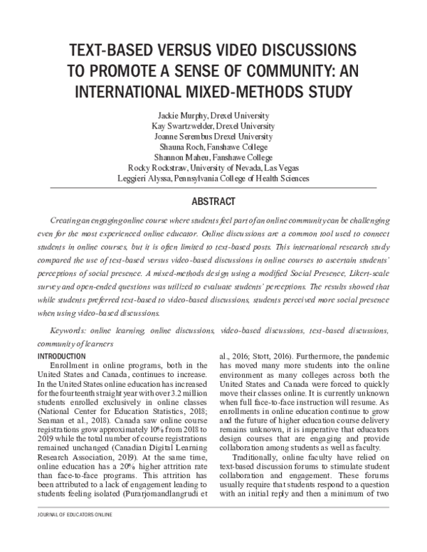 (PDF) Text-Based Versus Video Discussion to Promote a Sense of ...