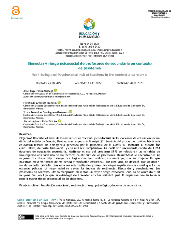 (PDF) Bienestar y riesgo psicosocial de profesores de secundaria en contexto de pandemia