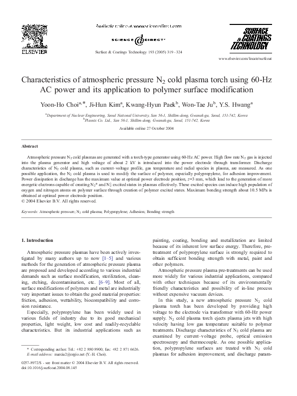 (PDF) Characteristics of atmospheric pressure N2 cold plasma torch ...
