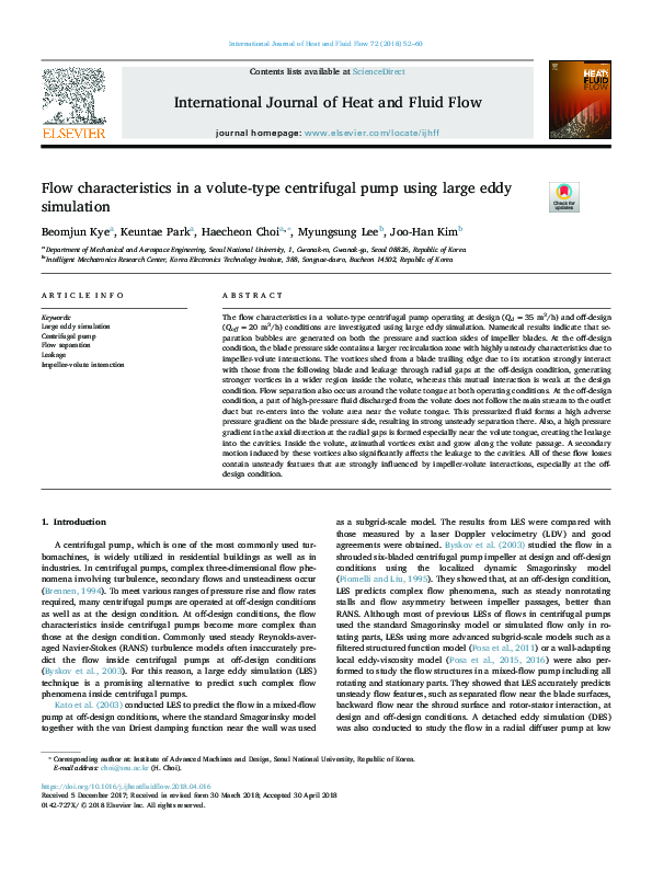 (PDF) Flow characteristics in a volute-type centrifugal pump using ...