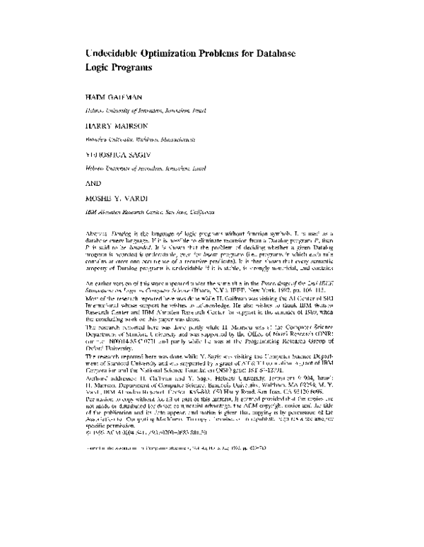 (PDF) Undecidable optimization problems for database logic programs