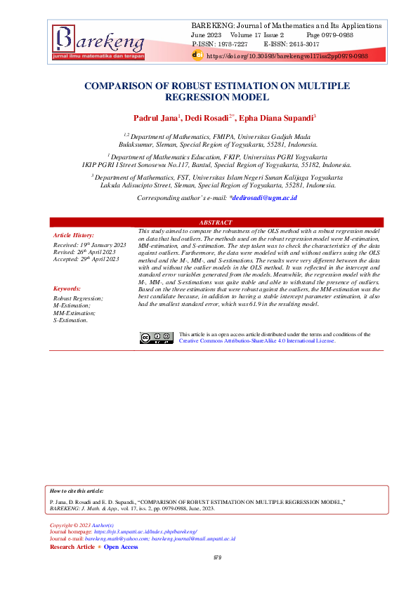 Pdf Comparison Of Robust Estimation On Multiple Regression Model