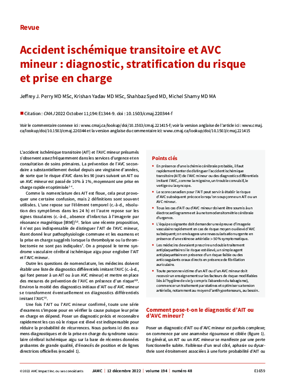 (PDF) Accident ischémique transitoire et AVC mineur: diagnostic ...