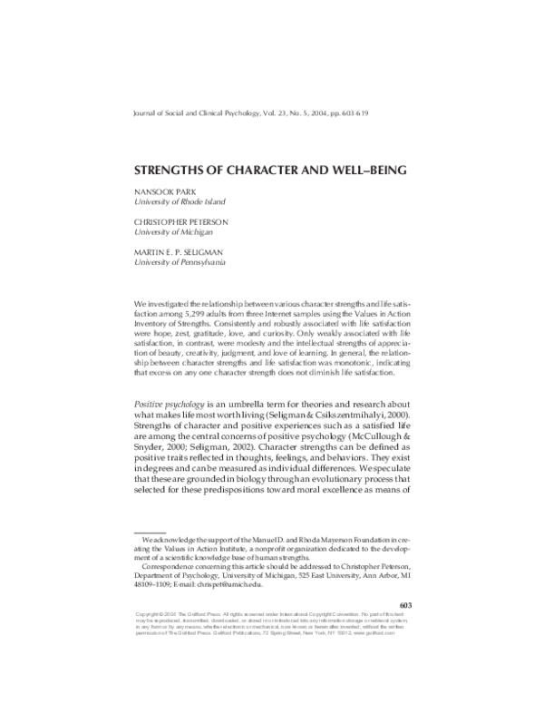 (PDF) Park et AL.CHARACTER Strengths and Well–Being Strengths of ...