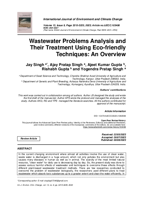 (PDF) Wastewater Problems Analysis and Their Treatment Using Eco-friendly Techniques: An Overview