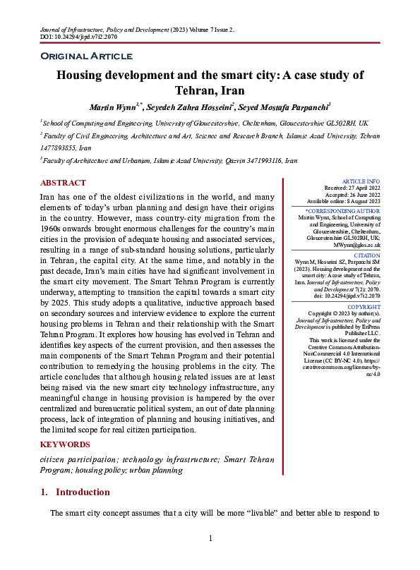 (PDF) Housing development and the smart city: A case study of Tehran, Iran