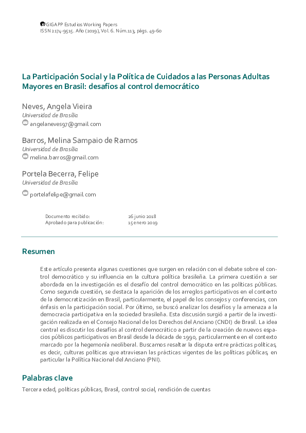 (PDF) La Participación Social y la Política de Cuidados a las Personas Adultas Mayores en Brasil