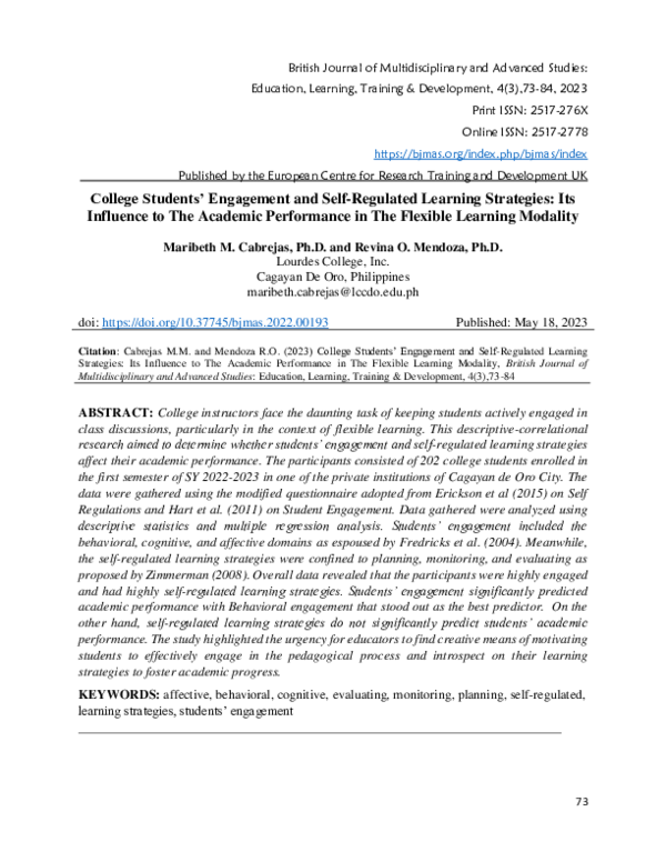 (PDF) College Students’ Engagement and Self-Regulated Learning Strategies: Its Influence to The ...