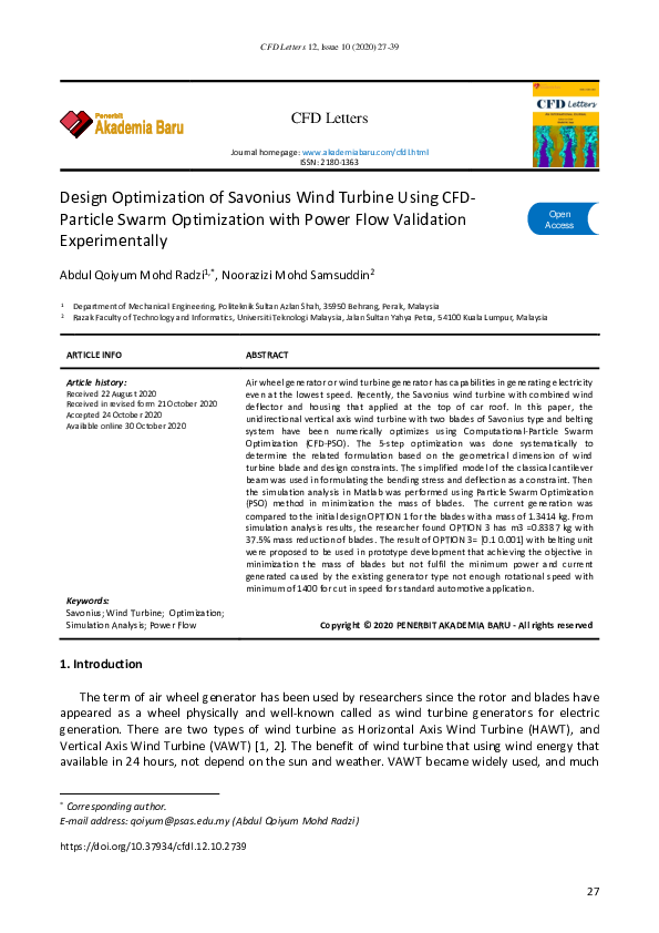 (PDF) Design Optimization of Savonius Wind Turbine Using CFD-Particle Swarm Optimization with ...