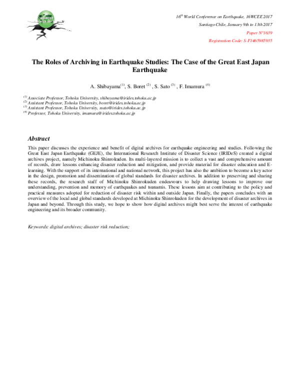 (PDF) The Roles of Archiving in Earthquake Studies: The Case of the ...