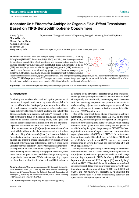 (PDF) Acceptor Unit Effects for Ambipolar Organic Field-Effect Transistors Based on TIPS ...