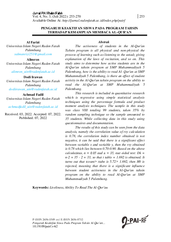 (PDF) Pengaruh Keaktifan Siswa Pada Program Tahsin Terhadap Kemampuan Membaca Al-Qur’An