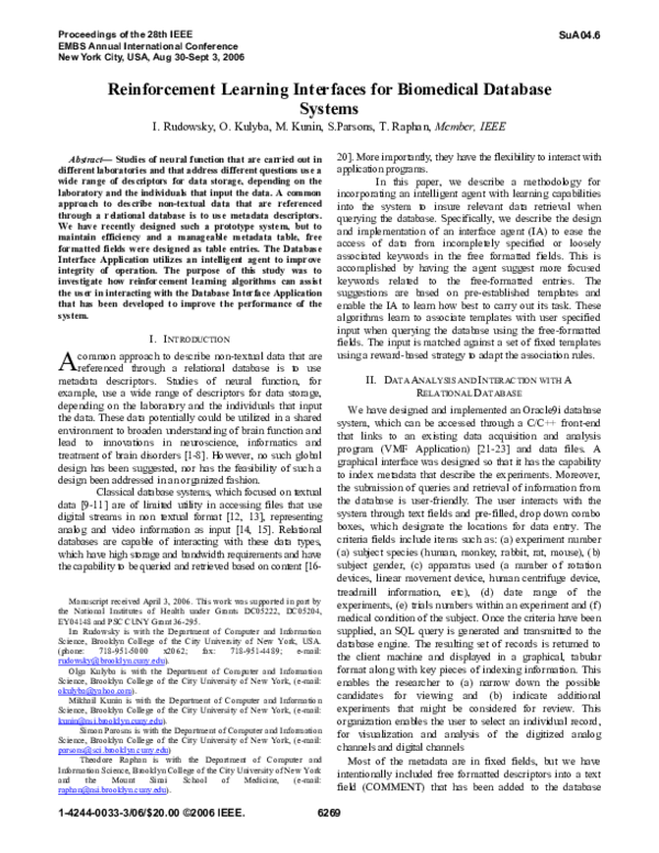 (PDF) Reinforcement Learning Interfaces for Biomedical Database Systems