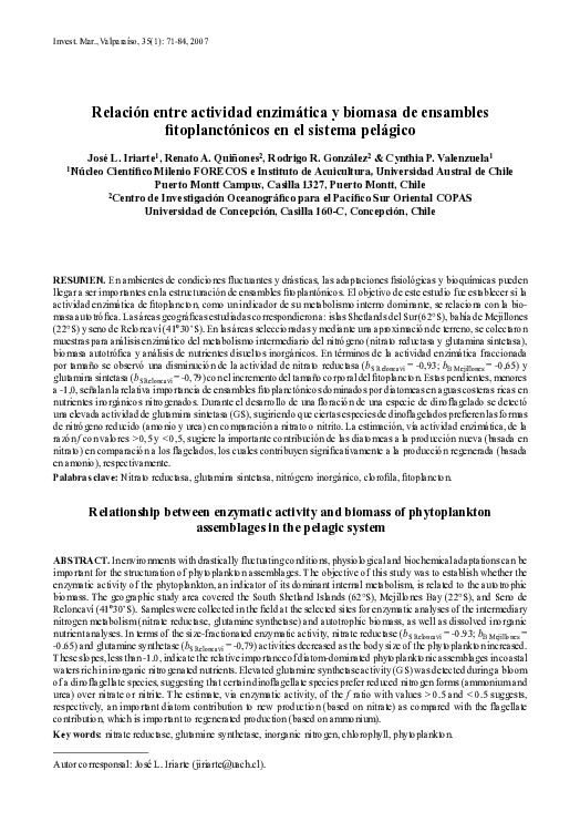 (PDF) Relaci n entre actividad enzim tica y biomasa de ensambles fitoplanct nicos en el sistema ...