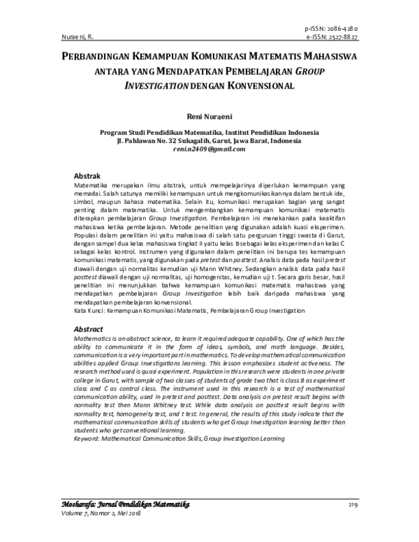 (PDF) Perbandingan Kemampuan Komunikasi Matematis Mahasiswa Antara Yang Mendapatkan Pembelajaran ...