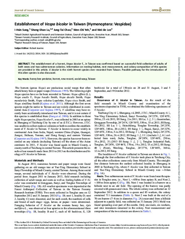 (PDF) Establishment of Vespa bicolor in Taiwan (Hymenoptera: Vespidae)