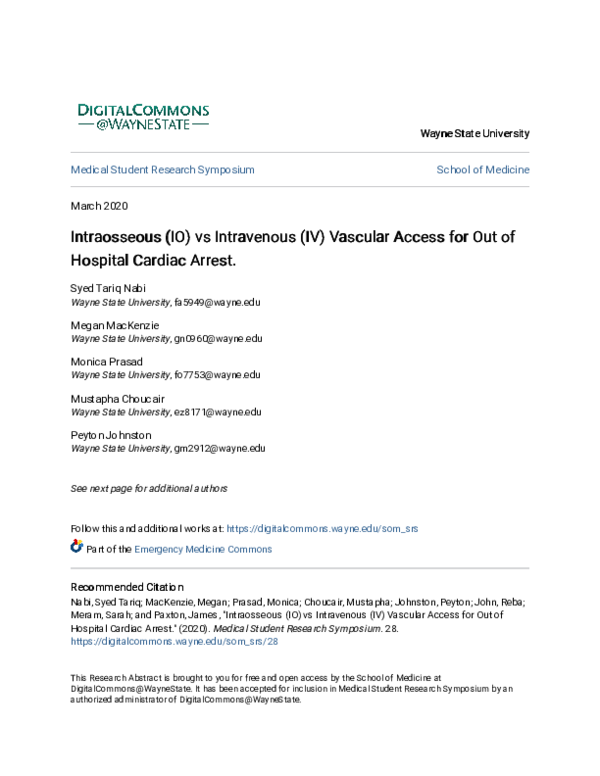 (PDF) Intraosseous (IO) vs Intravenous (IV) Vascular Access for Out of ...