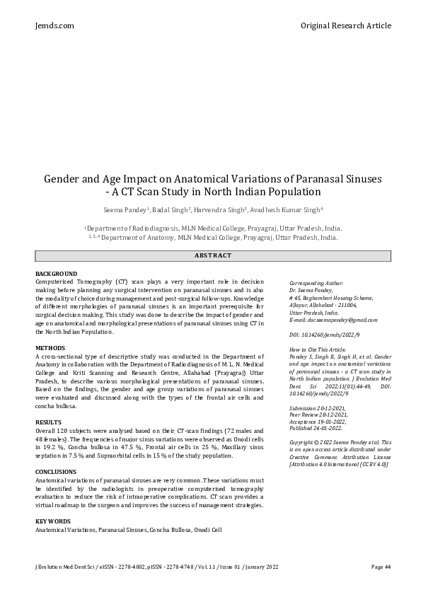 (PDF) Gender and Age Impact on Anatomical Variations of Paranasal Sinuses