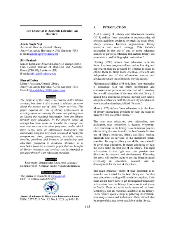 (PDF) USER EDUCATION IN ACADEMIC LIBRARIES: AN OVERVIEW
