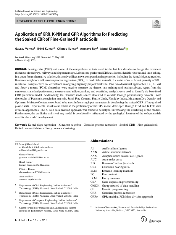 (PDF) Application of KRR, K-NN and GPR Algorithms for Predicting the Soaked CBR of Fine-Grained ...
