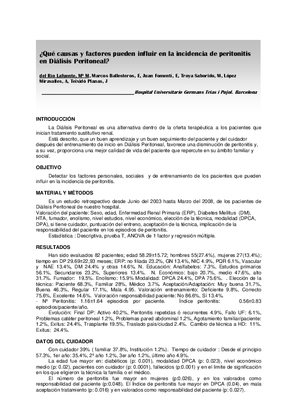 (PDF) Qu causas y factores pueden influir en la incidencia de peritonitis en Di lisis Peritoneal?