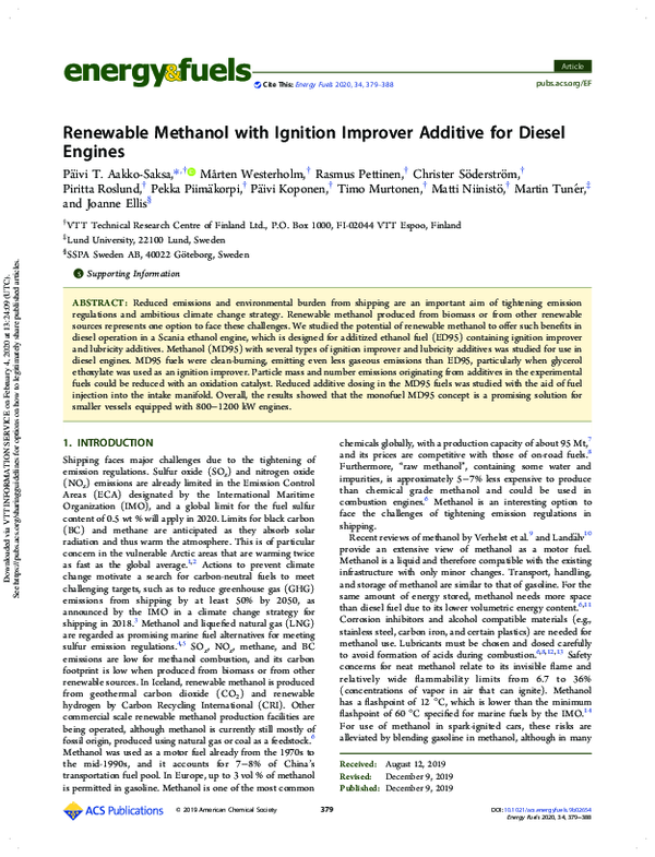(PDF) Renewable Methanol with Ignition Improver Additive for Diesel Engines