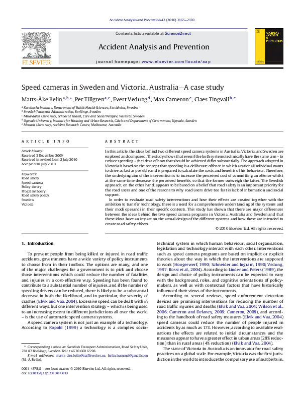 (PDF) Speed cameras in Sweden and Victoria, Australia—A case study ...