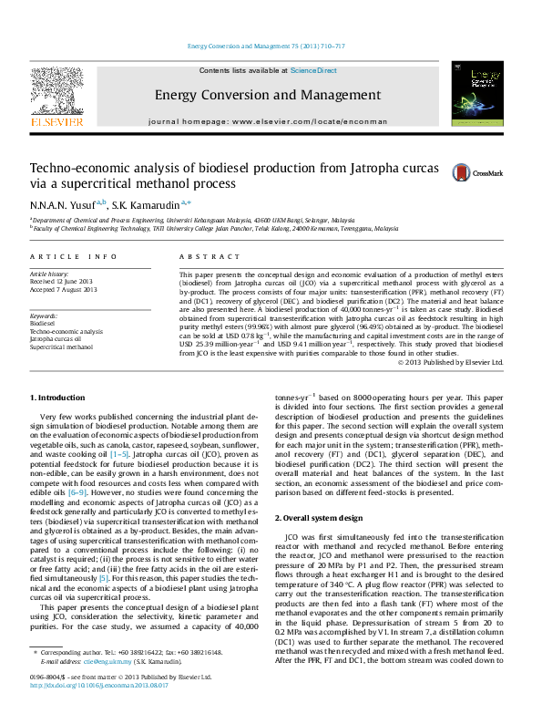 (PDF) Techno-economic analysis of biodiesel production from Jatropha curcas via a supercritical ...